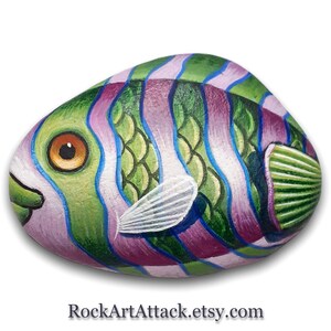 Green Fish With Red Violate Stripes Hand Painted Stone. Rock Painting ...