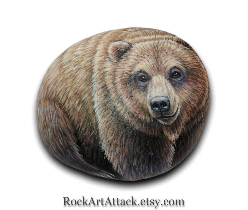 Hand Painted Grizzly Bear Rock Art, Animal Sea Stone Decor - Etsy
