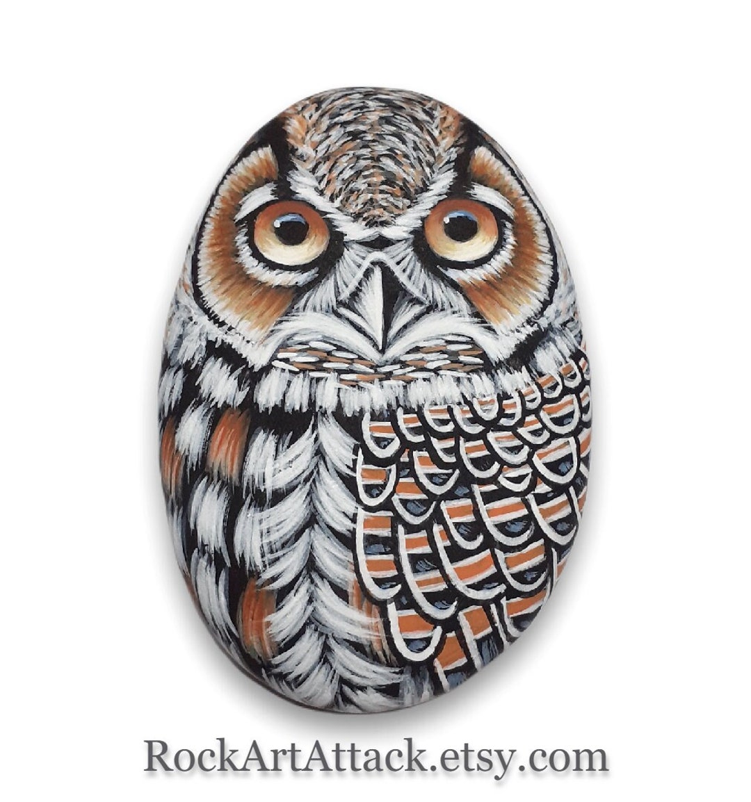 Handmade Great Horned Owl Painted Rock, Detailed Acrylic Art - Etsy