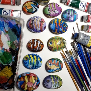 Painted Colorful Striped Fish on Flat Stone! Hand Painted With Acrylics ...