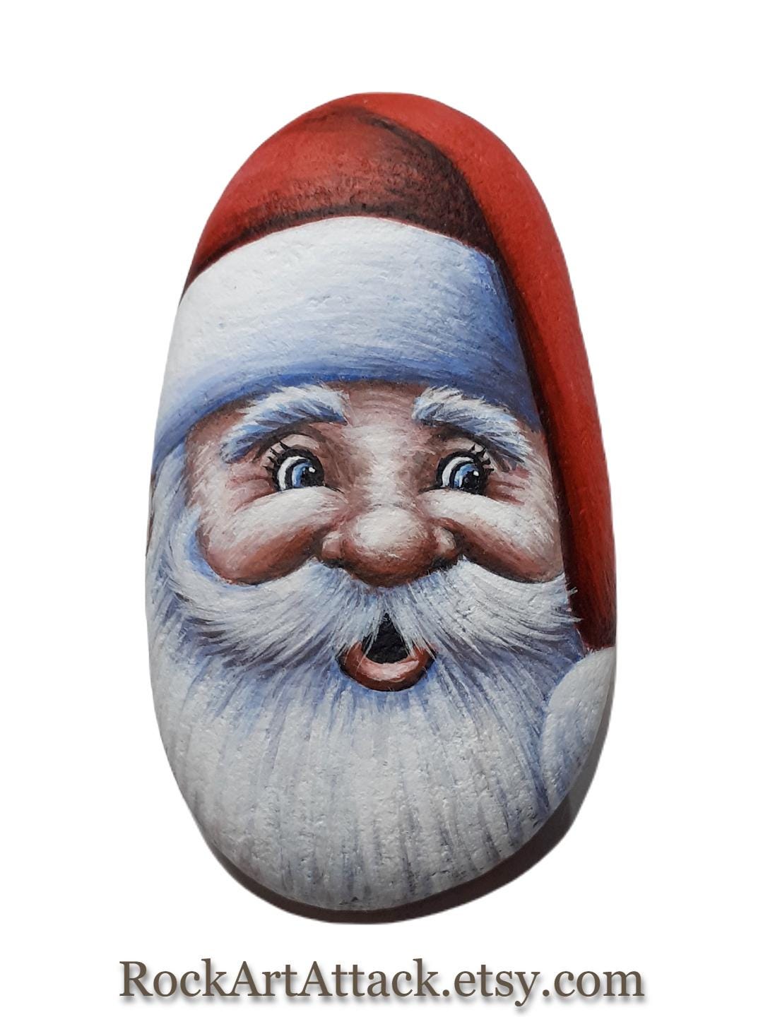 Hand-painted Pebble Santa Claus Cute Face Portrait, Miniature Christmas ...