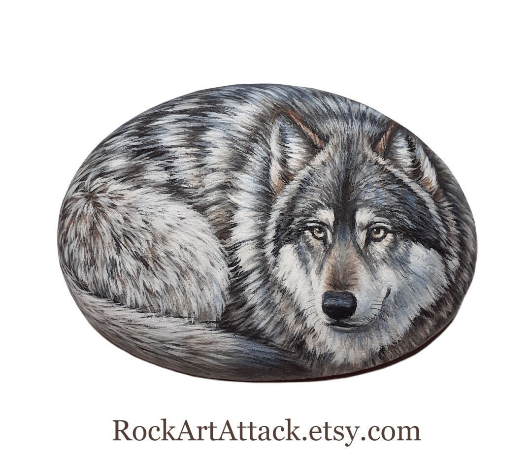 Gray Wolf Hand Painted on Natural Sea Stone Rock Painting Animal ...