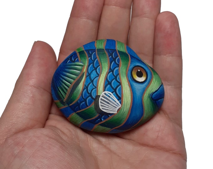 Small Blue Fish With Green Stripes Hand Painted Pebble. Stone Painting ...
