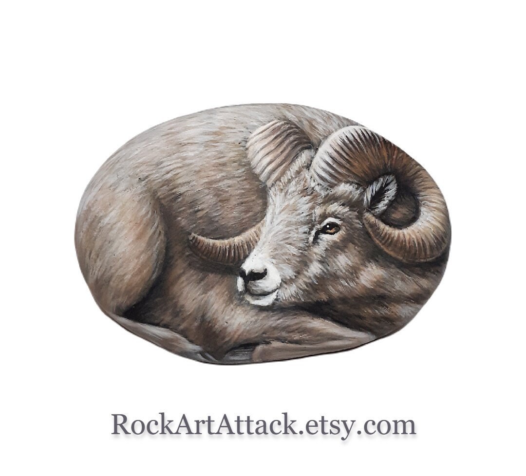 Big Horned Mountain Ram Hand Painted With Acrylics on Flat Sea Pebble ...