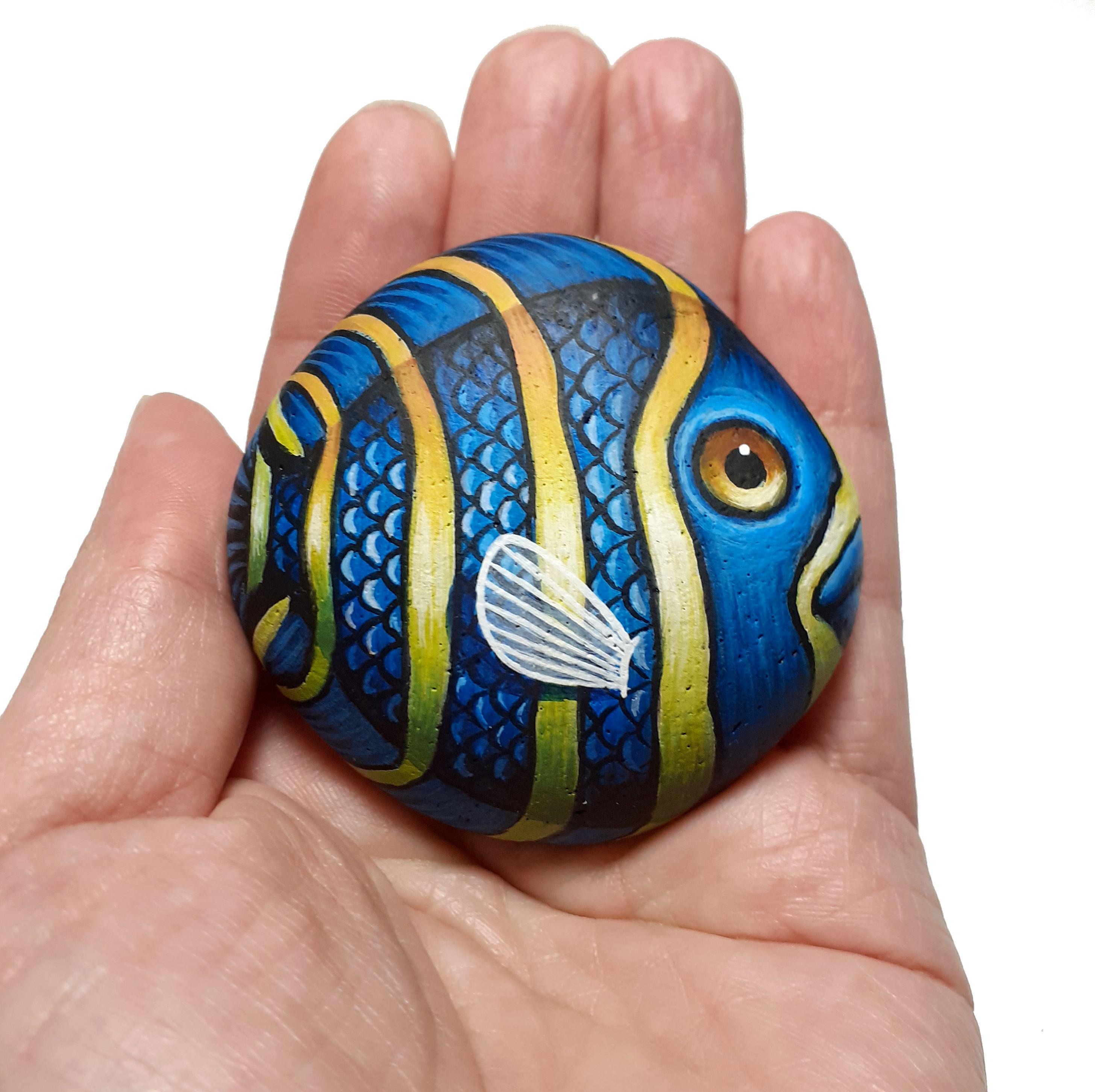 Hand-painted Pebble Art. Blue & Yellow Fish Rock, Stone Painting Home ...
