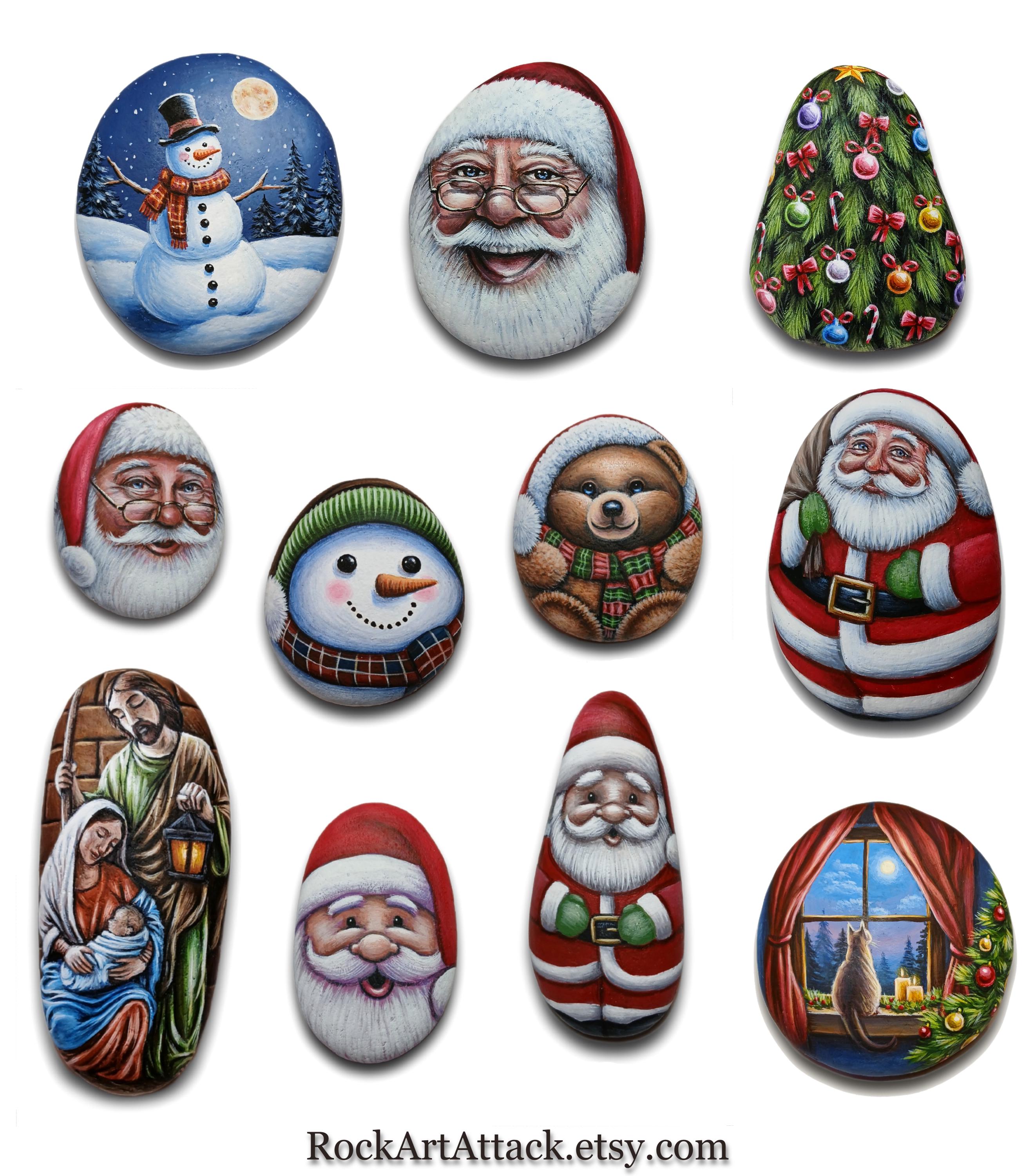 Hand-painted Santa Pebble, Christmas Decor, Unique Stone Painting Art ...
