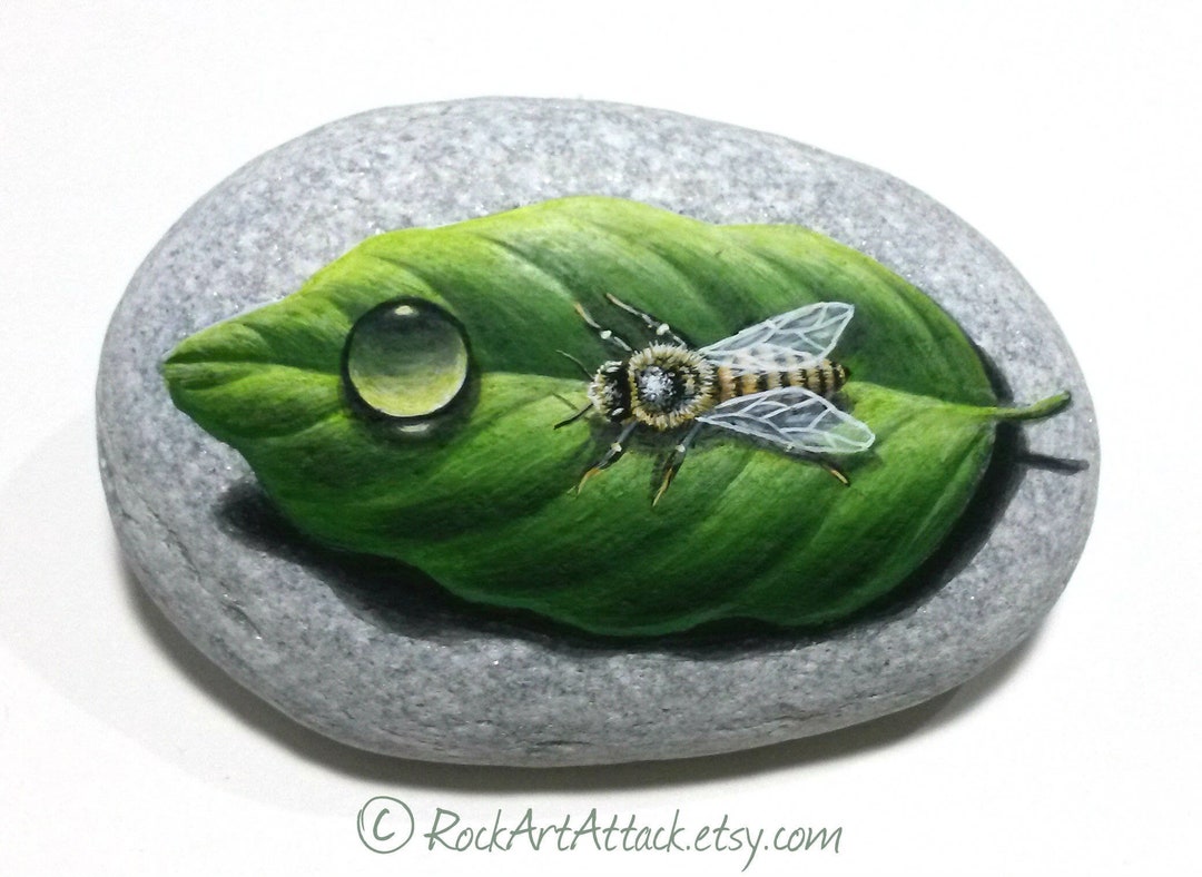 Bee and Water Drop on a Green Leaf Hand Painted on Natural Sea Stone ...