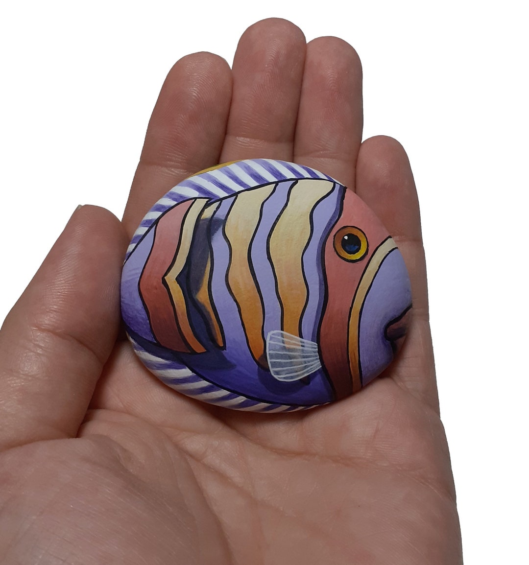Hand-painted Pebble Art, Colorful Striped Fish Decor, Acrylic Painting ...