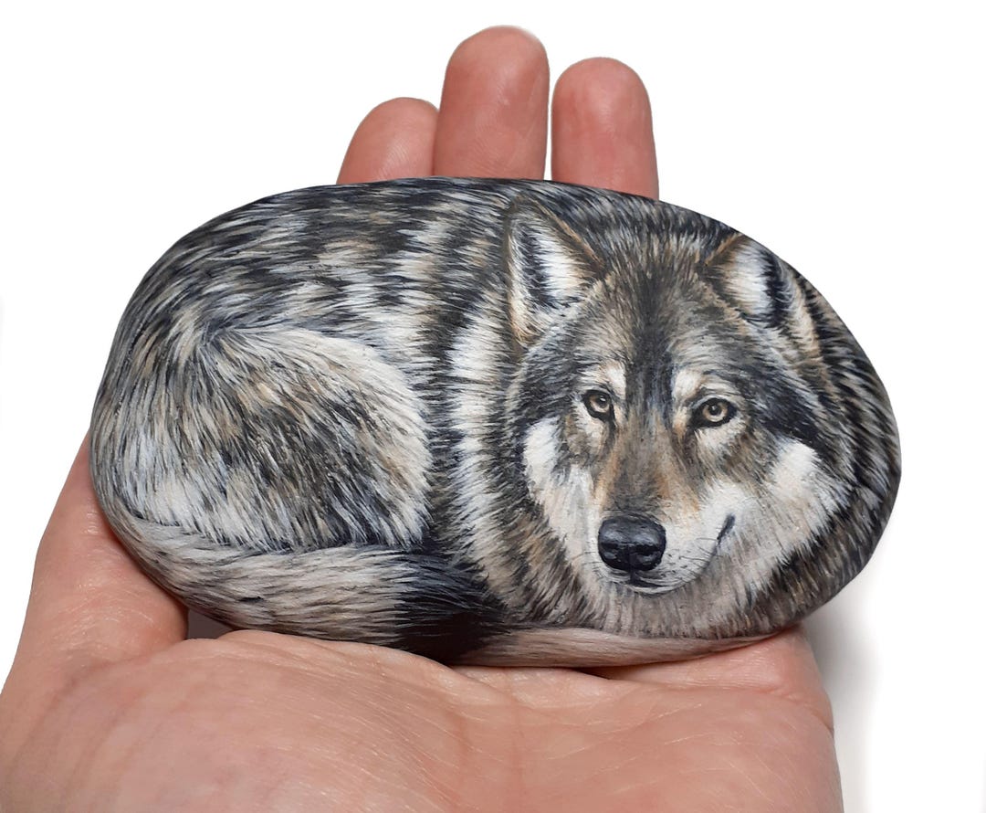 Gray Wolf Hand Painted on Natural Sea Stone! Rock Painting Animal ...