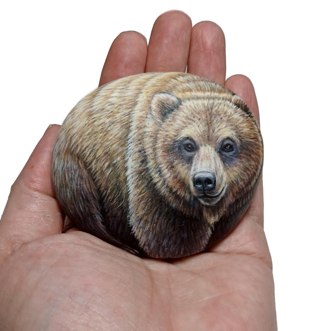 Hand Painted Grizzly Bear Rock Art, Animal Sea Stone Decor - Etsy