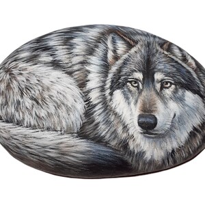 Gray Wolf Hand Painted on Natural Sea Stone Rock Painting Animal ...