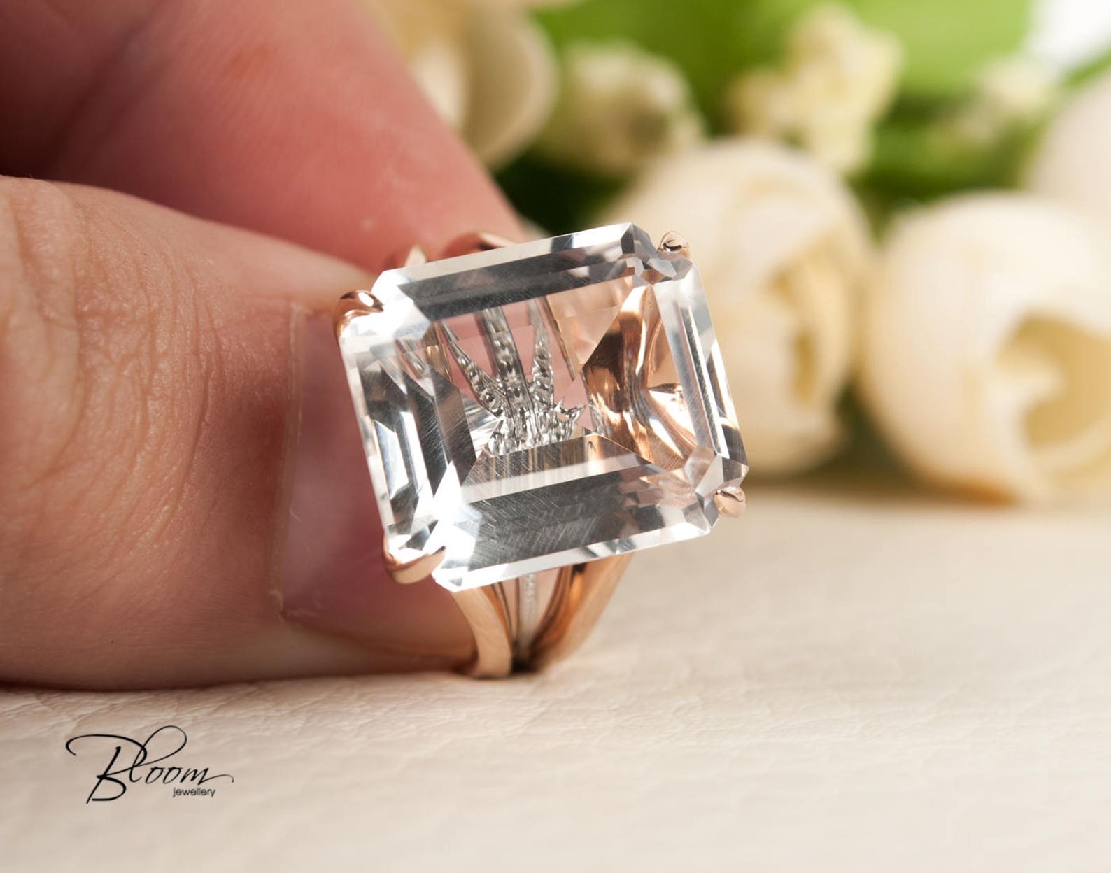 White Quartz Gold Ring 18K Rose Gold Ring Big Quartz Ring - Etsy