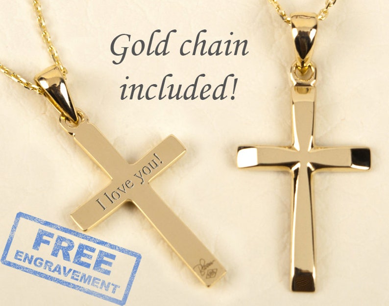 14K Solid Gold Cross Necklace, Personalized Unisex Pendant With Chain ...