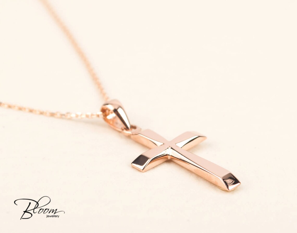 Rose Gold Cross Necklace 14K Gold Cross Pendant Personalized | Etsy