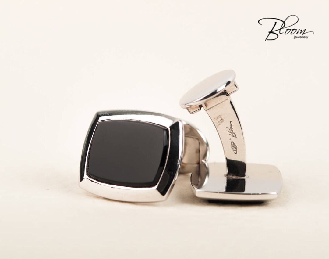 Solid White Gold Cufflinks for Men 18K and Black Onyx Stone ...