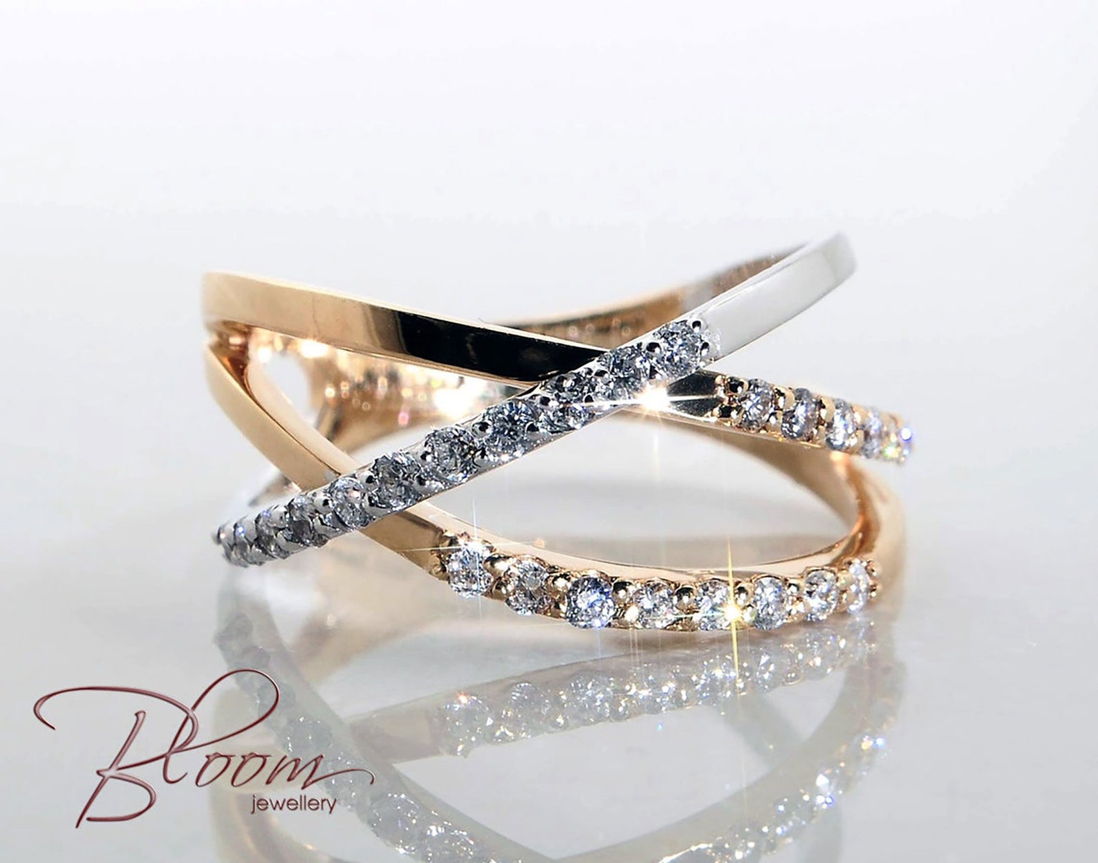 Overlapping Diamond Ring 18K Solid Gold Crossed Shank Bloomdiamonds - Etsy
