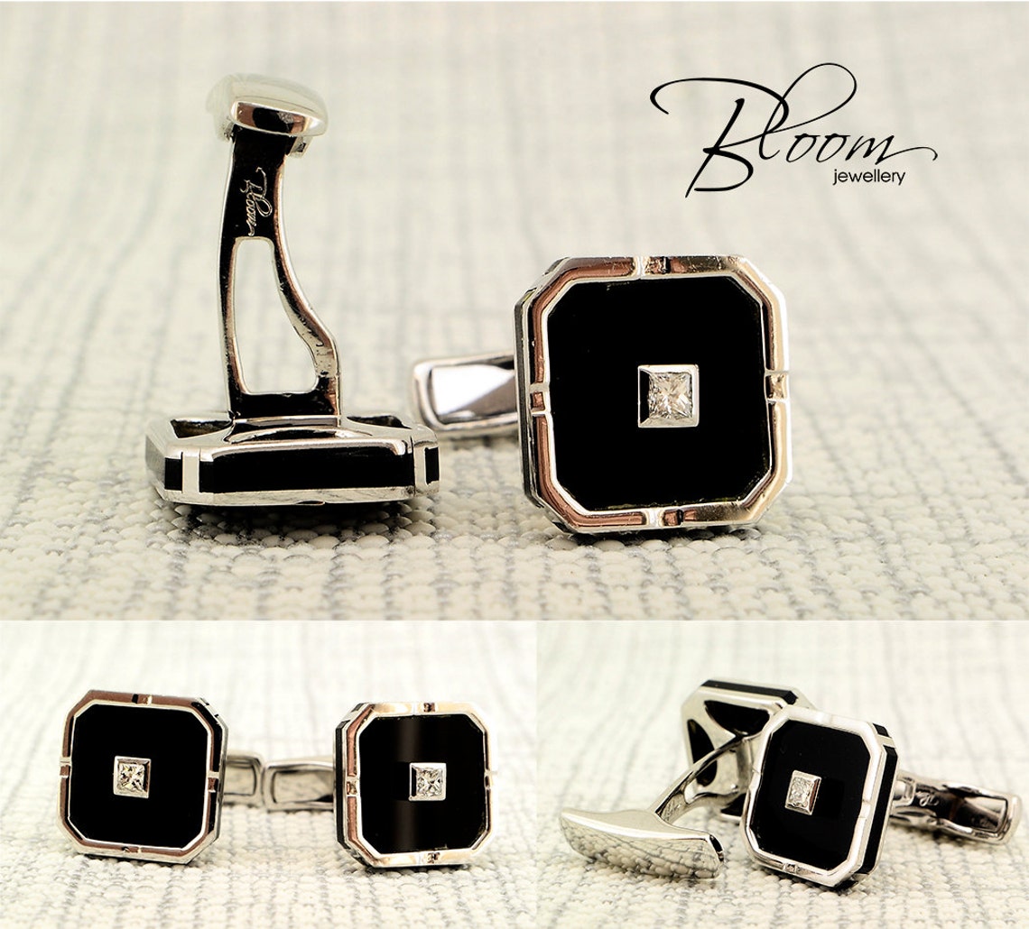 Real Diamond Cufflinks 18K White Gold and Black Onyx Bloomdiamonds - Etsy