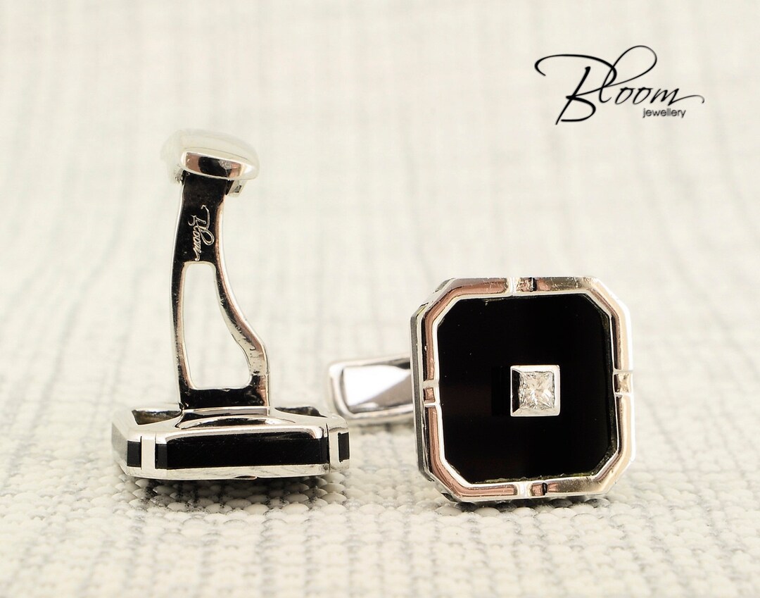 Real Diamond Cufflinks 18K White Gold and Black Onyx Bloomdiamonds - Etsy
