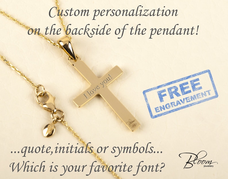 14K Solid Gold Cross Necklace, Personalized Unisex Pendant With Chain ...