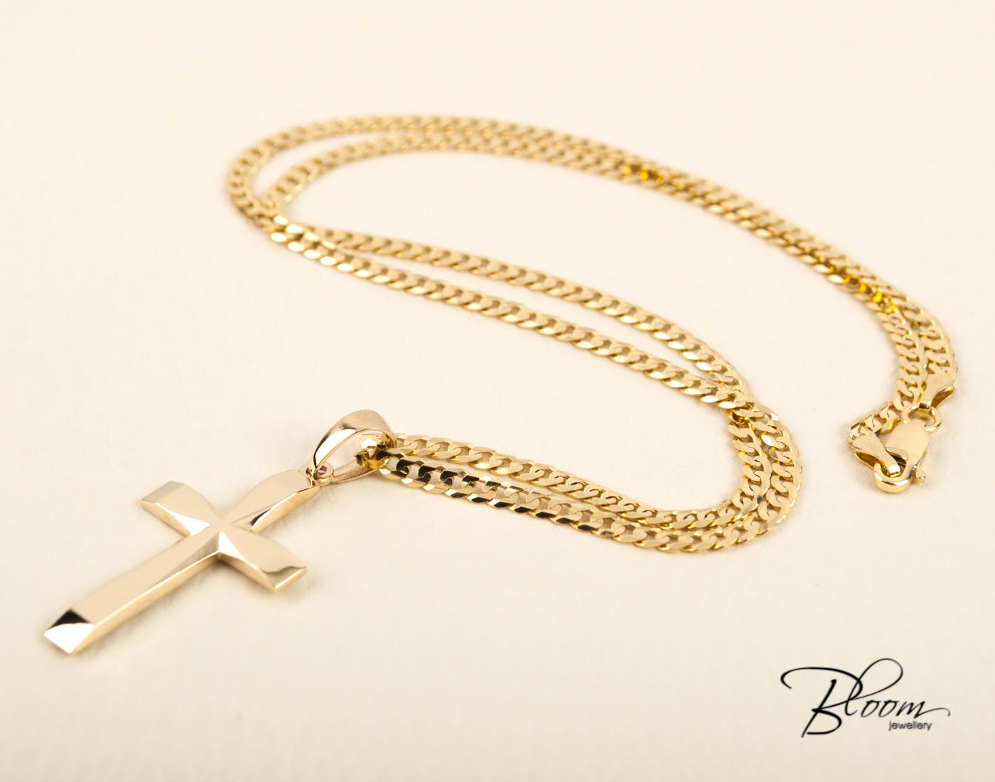 Mens Cross Necklace 14k Solid Gold Cross And Curb Chain Cross Etsy Canada