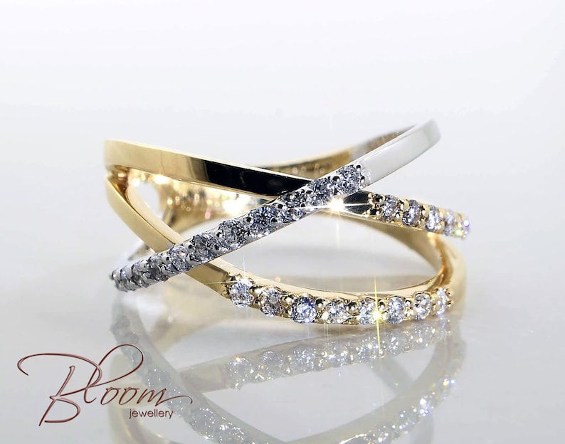 Overlapping Diamond Ring 18K Solid Gold Crossed Shank - Etsy