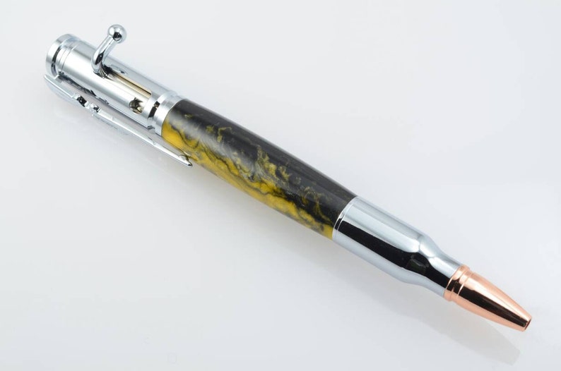 Bolt Action 30 Caliber Bullet Pen, Chrome Rifle Clip, Yellow Black ...