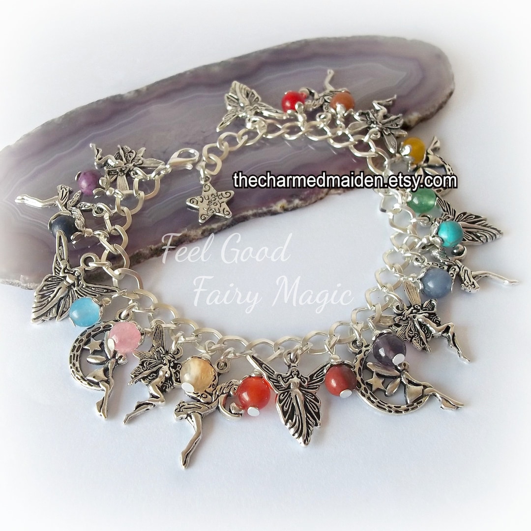 Chakra Fairy Charm Bracelet, Rainbow Bead Bracelet, Silver Fairy Charms, Chakra Stone Jewellery ...