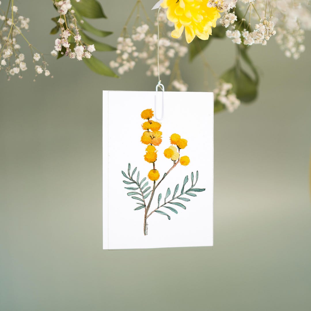 Mimosa Small Original and Unique Watercolor in Soft Orange Green Colors ...