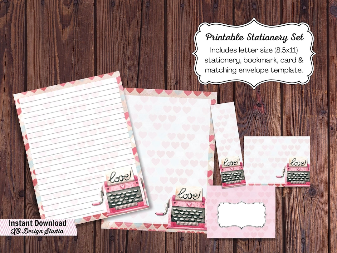 Printable Stationery Set - Pink Hearts and Typewriter, Lined and ...