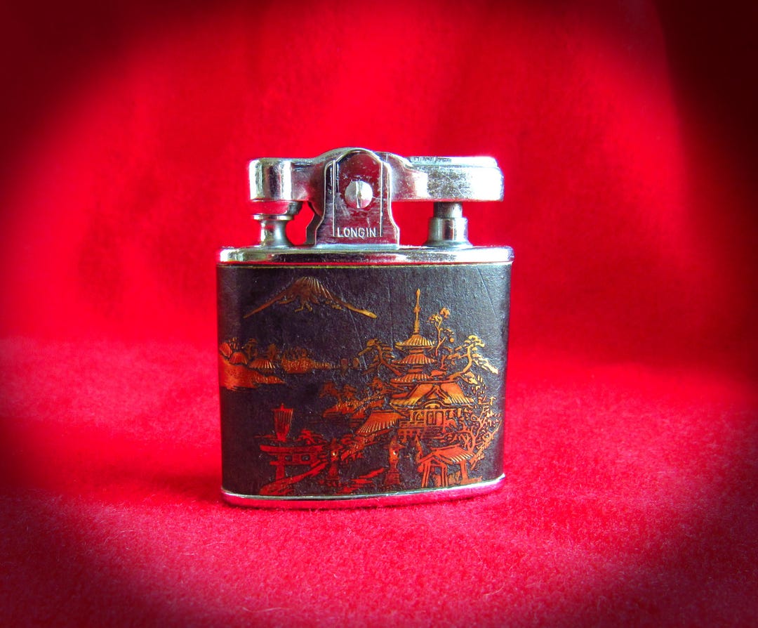SCENIC JAPANESE LIGHTER Longins Asian Black N Gold Silver 1950s Gilded ...
