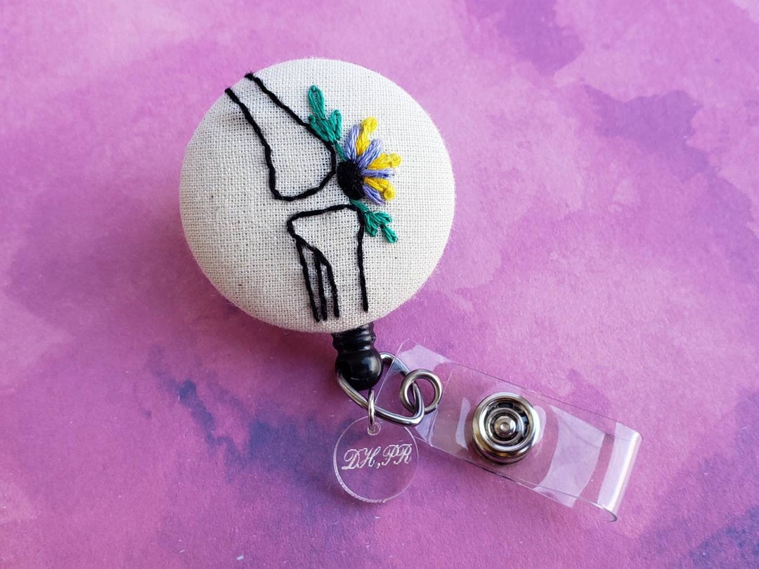 Orthopedics ID Badge Reel | Hand Embroidered Bones and Flowers ...