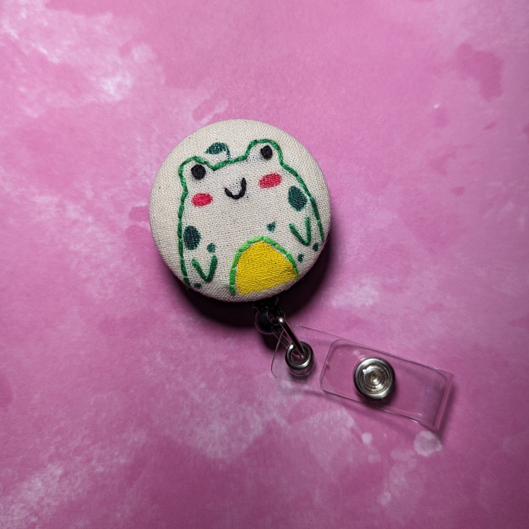 Kawaii Frog ID Badge Reel | Cute Frog Id Holder, Hand Embroidered Frog ...