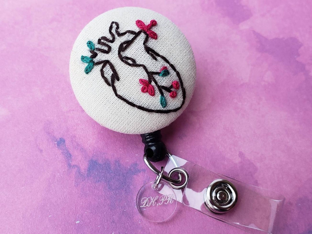 Heart ID Badge Holder | Hand Embroidered Anatomical Heart ID Badge Reel ...