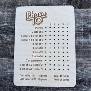 Wooden Phase 10 Score Card, Card Game, Board Game, Wooden Game Score ...