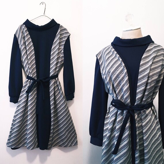 Vintage Navy Blue Turtle Neck Dress / Jacket Two Piece - Gem