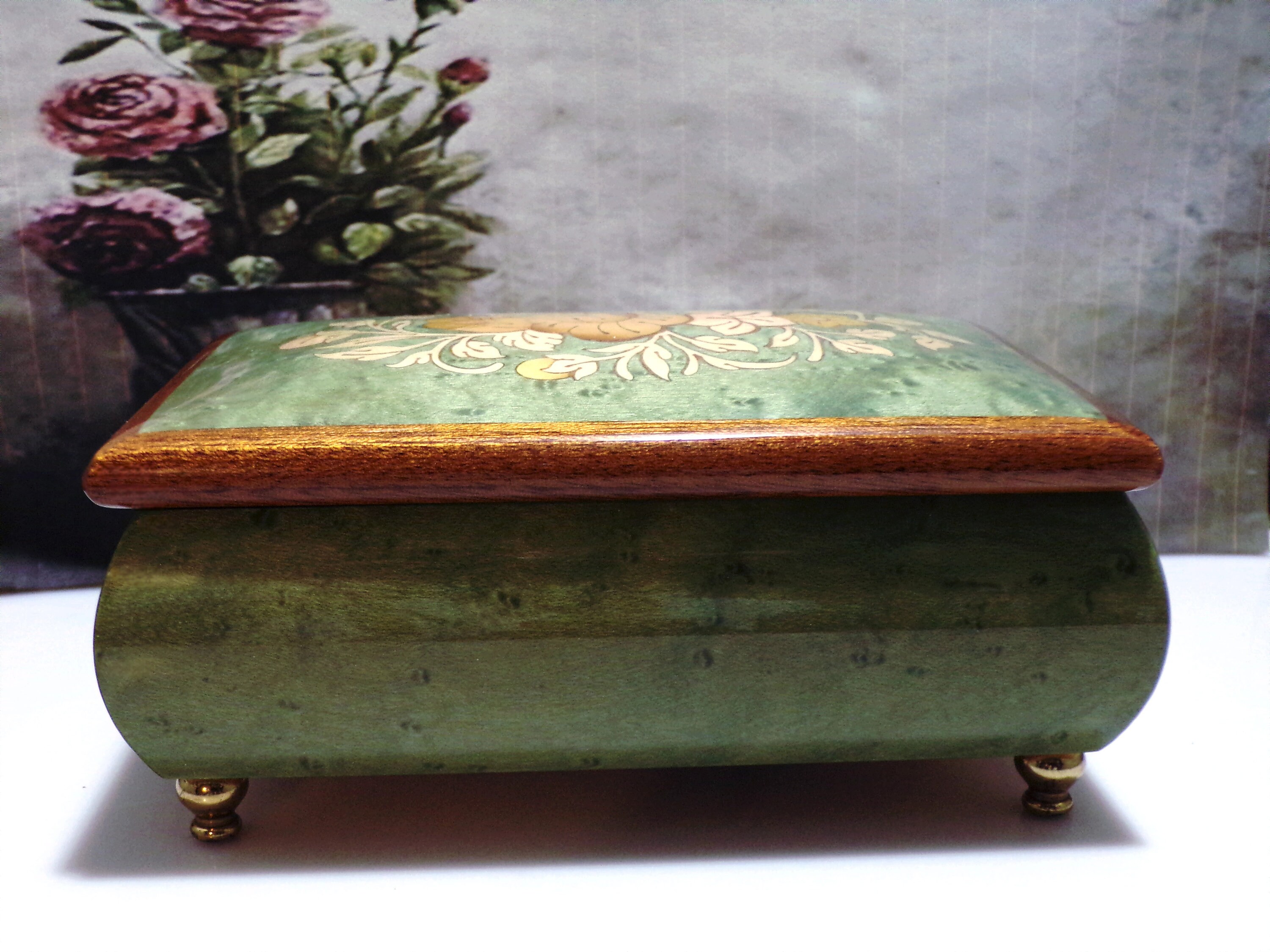 Italian Elm Burl Wooden Musical Jewelry Box, Wood Inlay and Veneers ...