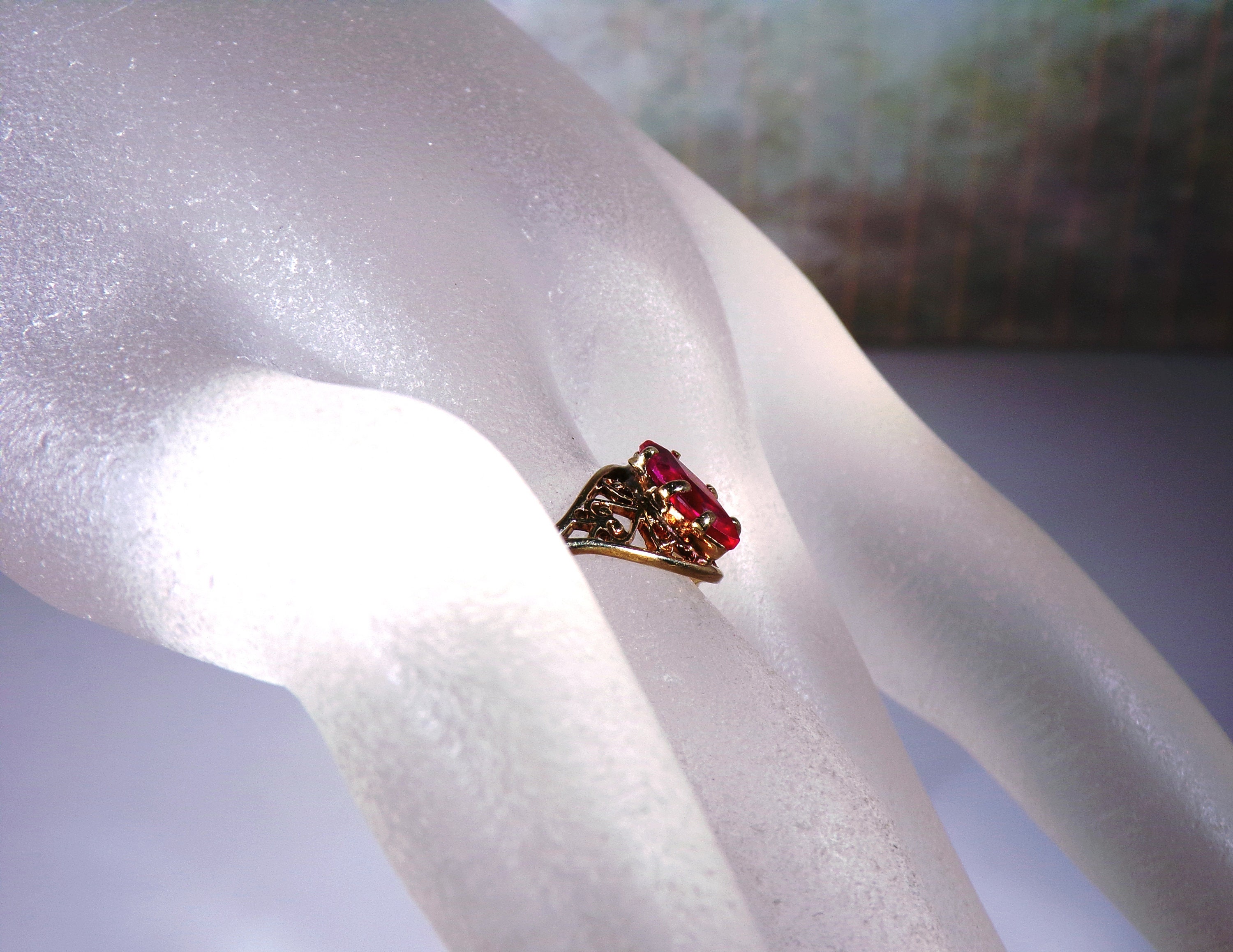 Ruby Ring, Victorian 10K Yellow Gold Marquise Ruby Ring with Open Metal ...