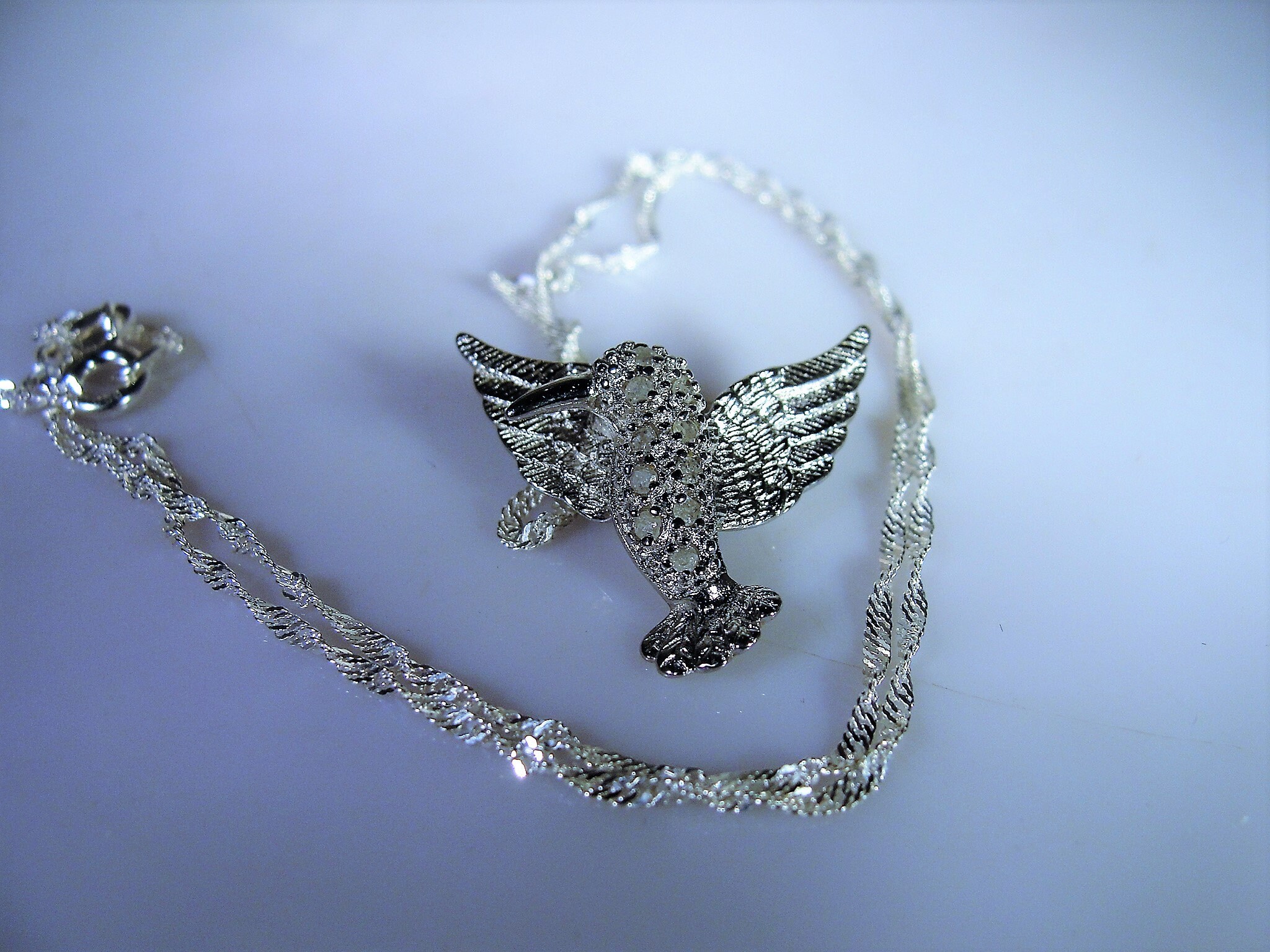 Vintage Sterling Silver Diamond Hummingbird Necklace / Pendant, .10 CTW ...