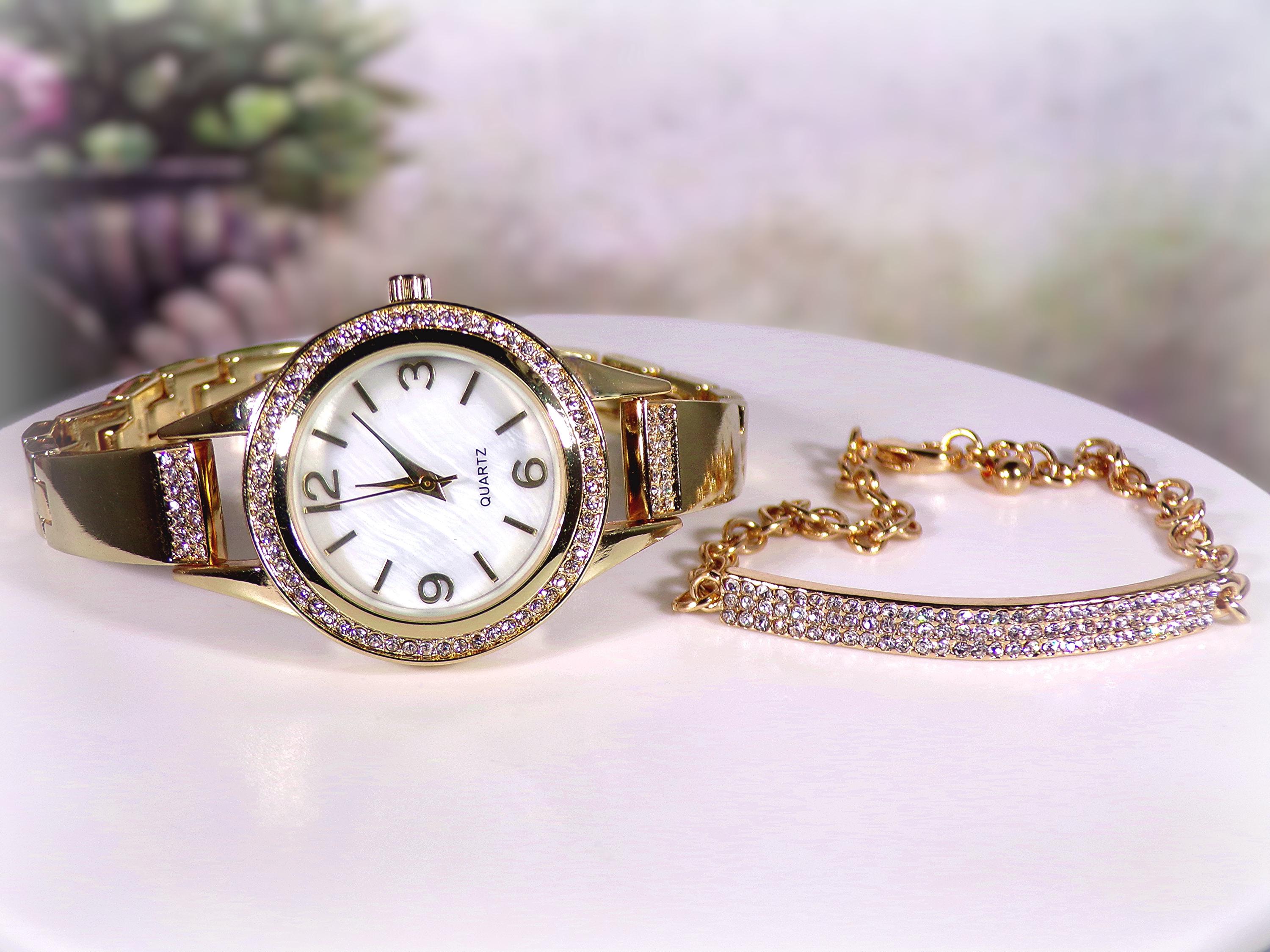 Gold-Toned Quartz Wrist Watch and Bracelet with Rhinestone Accents ...
