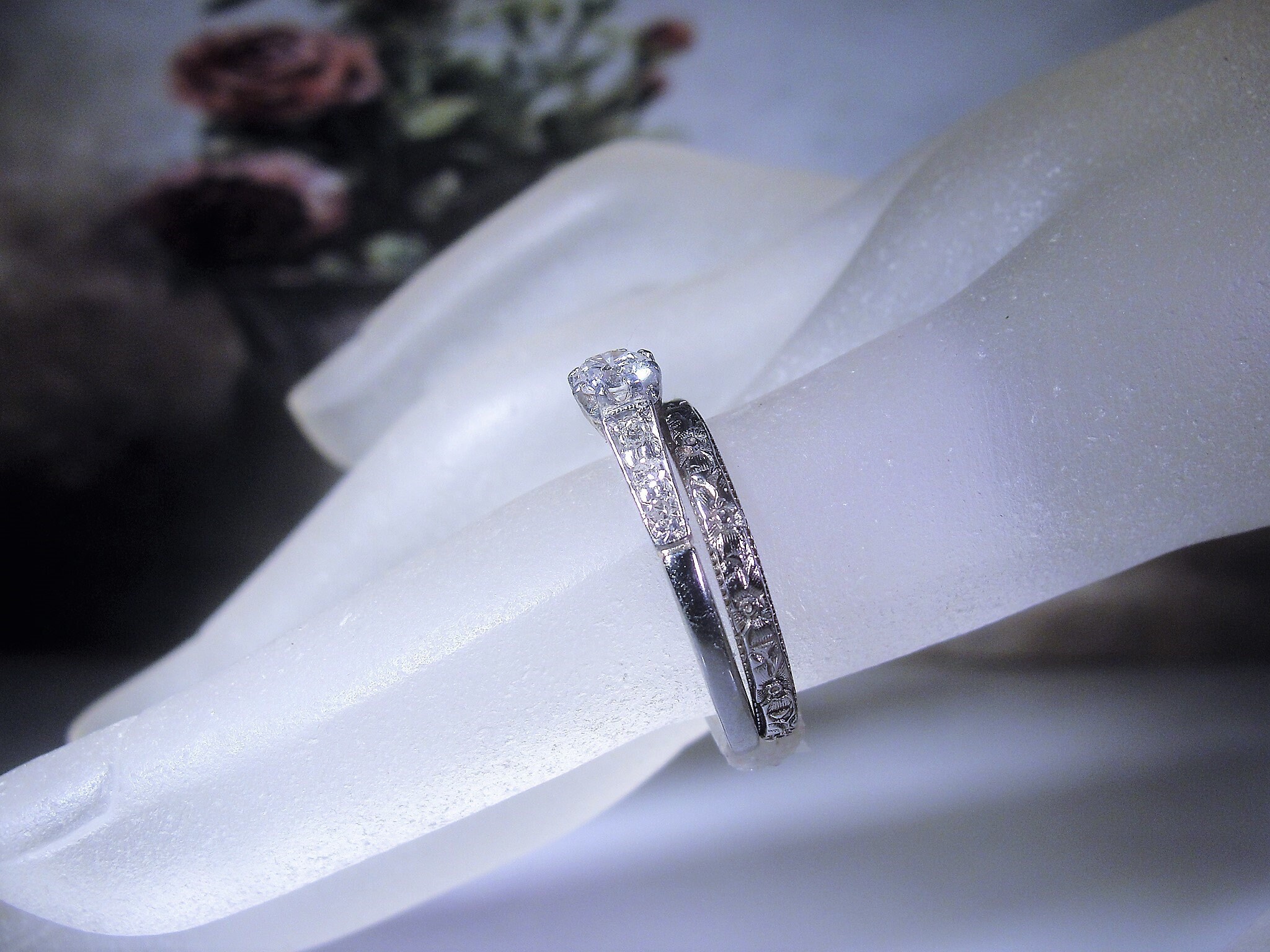 Victorian Platinum & 18K White Gold Bridal Ring Set, Diamond Engagement ...