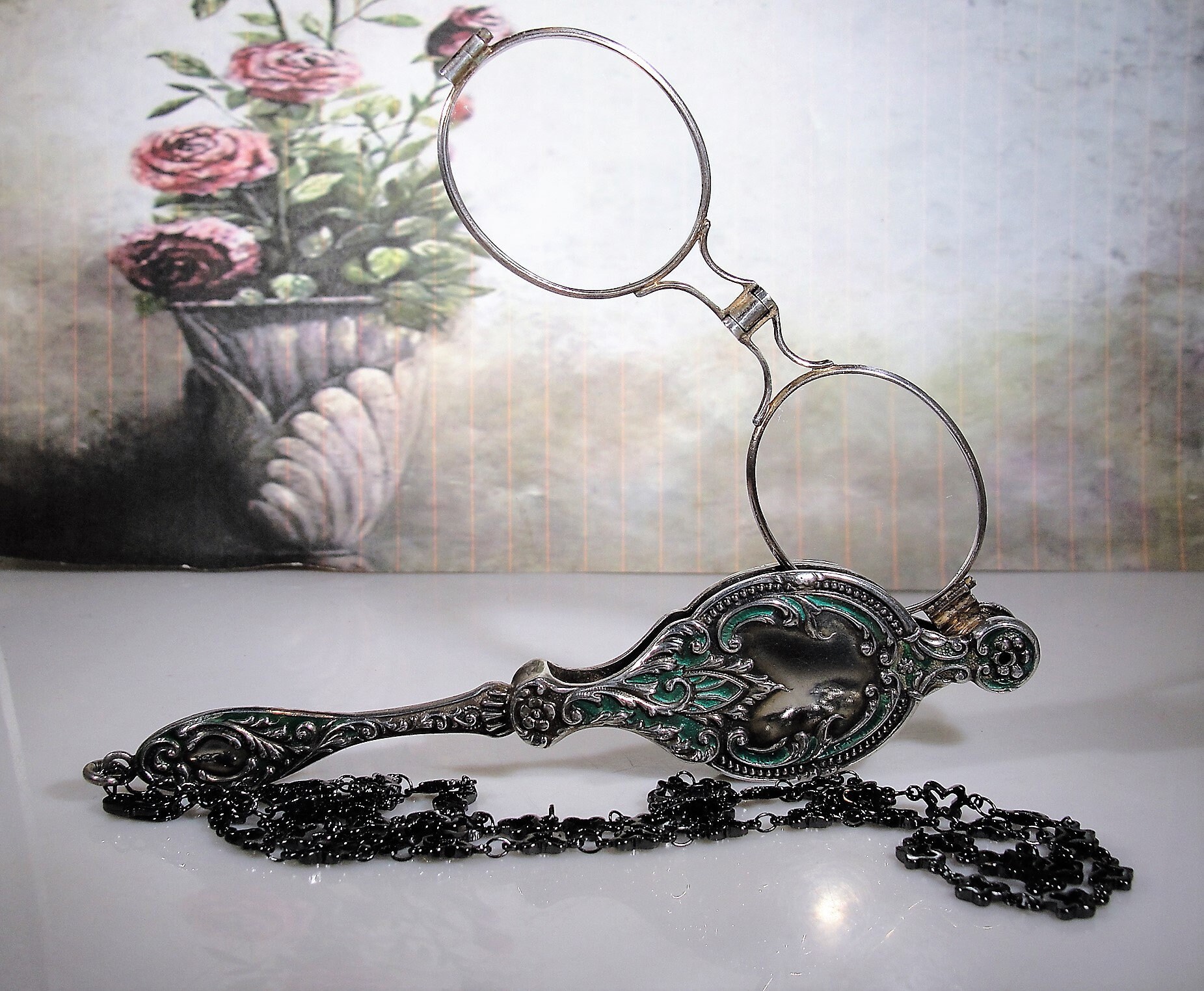 Antique Lorgnette, Victorian Sterling Silver Green Enamel Embellished ...