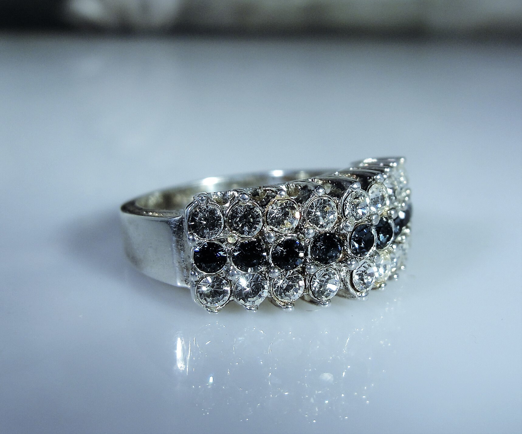 LIND Silver Ring, Sapphire and Clear Crystals, Triple Row Silver Plated ...