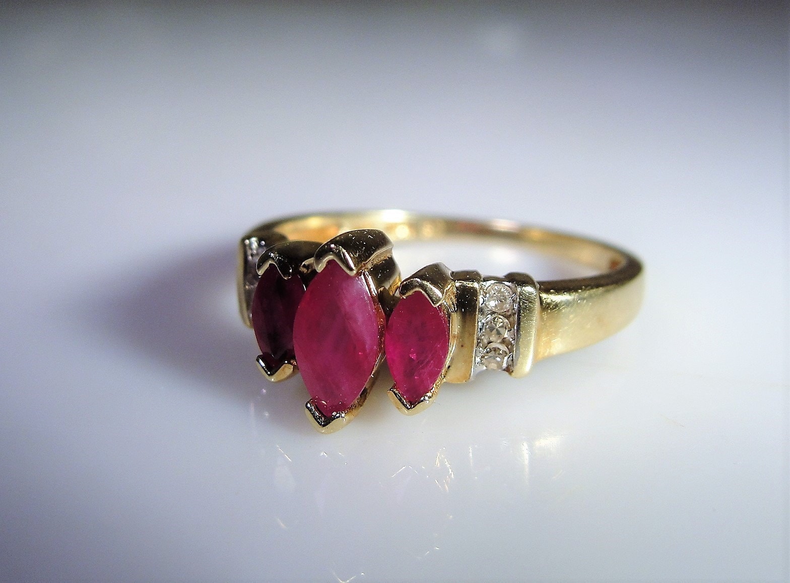 10K Gold Marquise Ruby and Diamond Ring, Ruby Trilogy Ring, Red Ruby ...