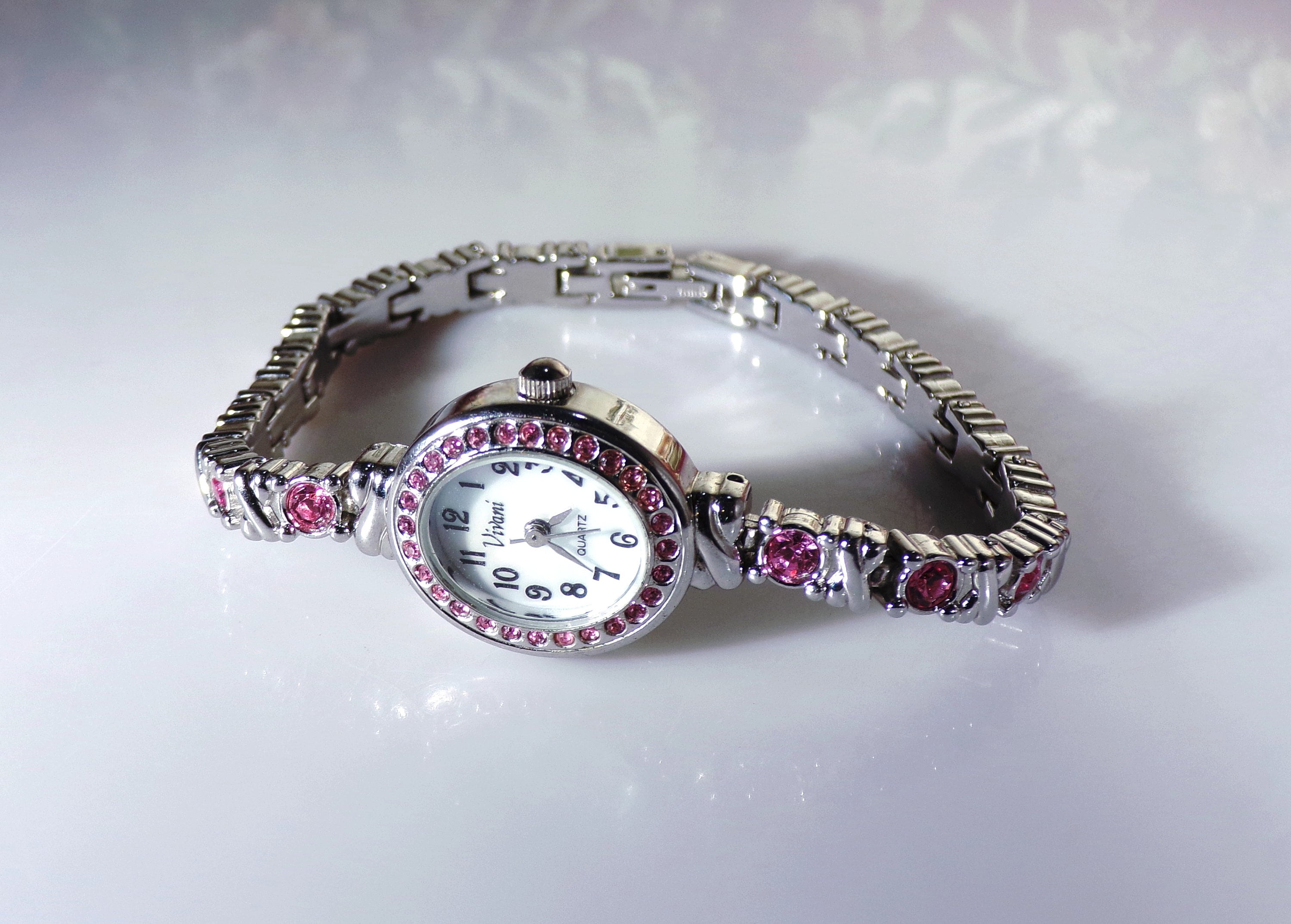 VIVANI Women’s Wrist Watch, Pink Rhinestone Watch with White Gold ...