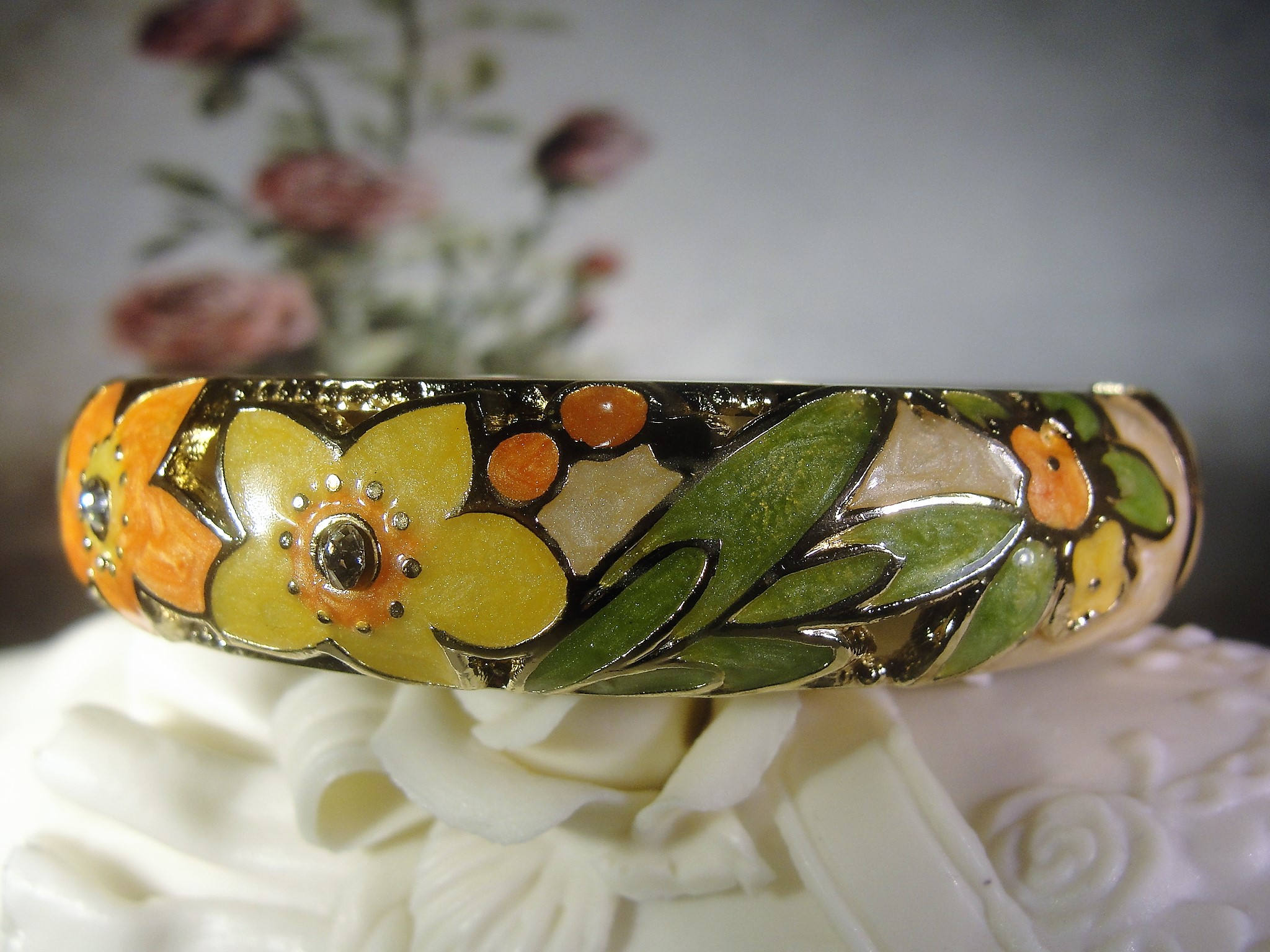 Vintage Jiu Long Xing Cloisonne Enamel Flower Bangle with Gold Gilt ...
