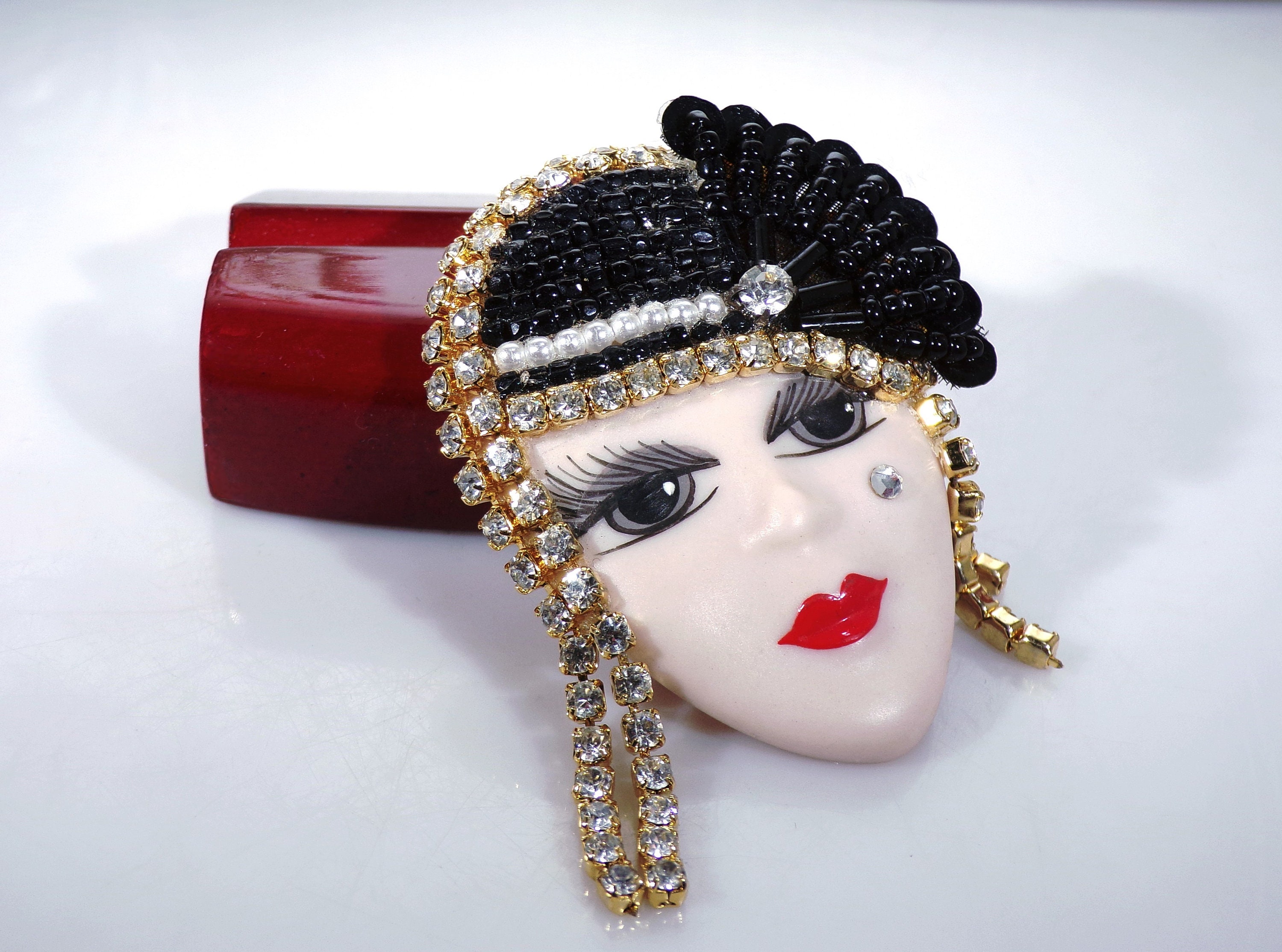 BEATRIZ Art Deco Flapper Girl Porcelain Swarovski Crystal Brooch, Hand ...