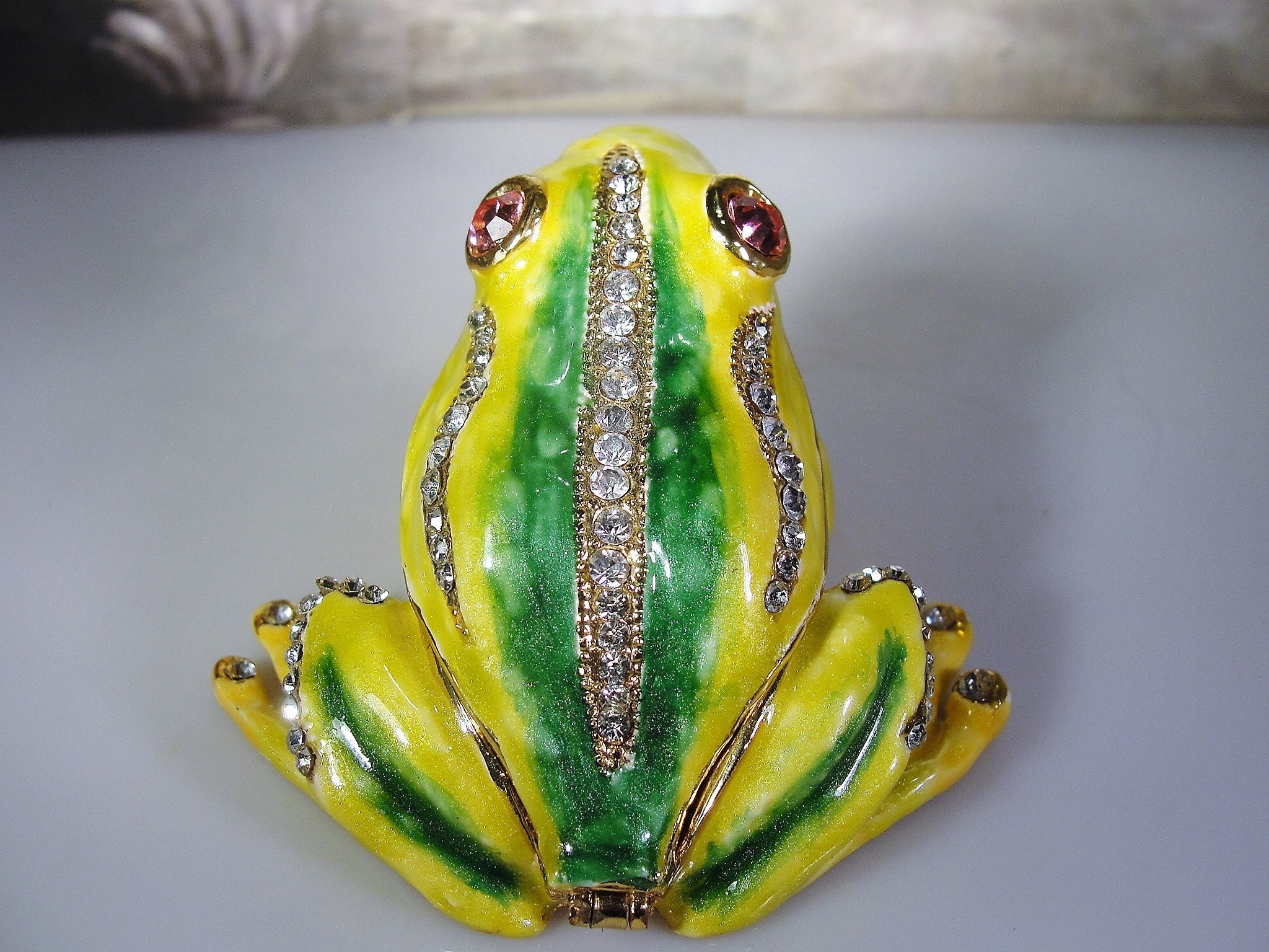 JERE Trinket Box, Frog Trinket Box, Rhinestone Encrusted Frog, Yellow ...