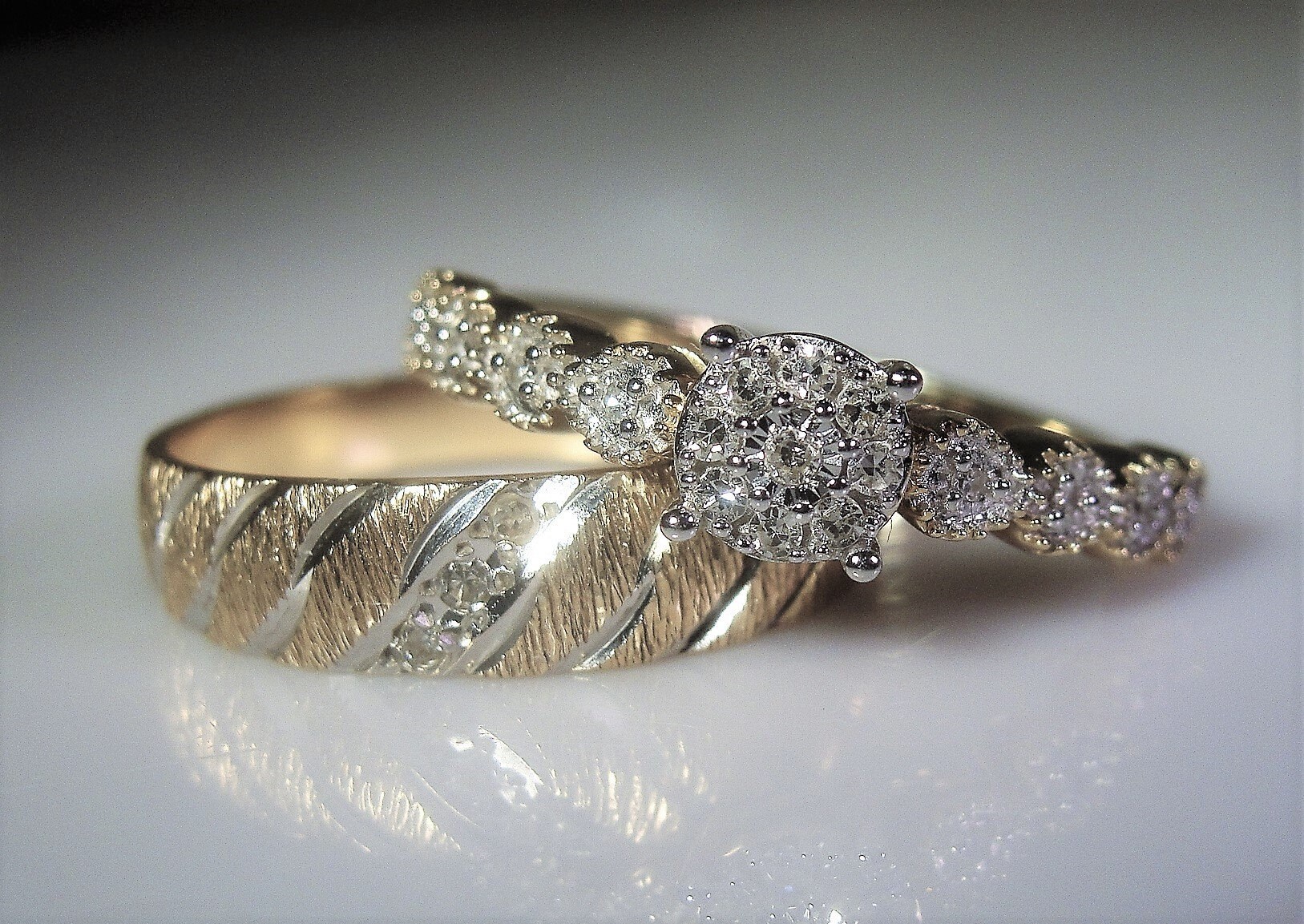 Reserved for Krystal: 10K Bridal Ring Set, Diamond Cluster Two Tone ...