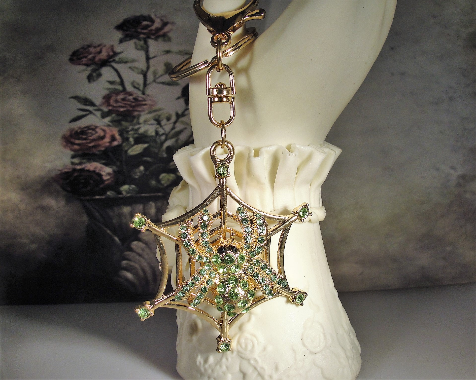 Green Peridot Rhinestone Encrusted Spider Key Chain, Spider Purse Charm ...