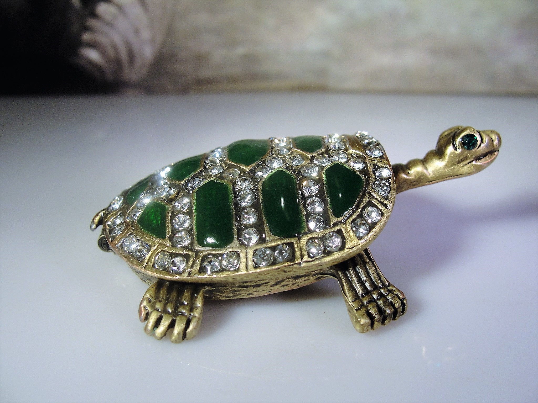 Rhinestone Turtle Trinket Box, Enamel Turtle, Turtle Trinket Box, Green ...
